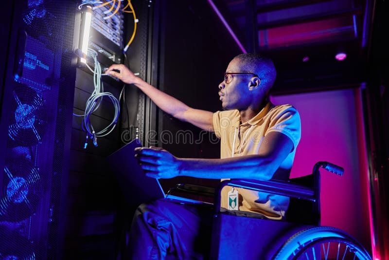 System Admin in Neon Server Room Stock Image - Image of communication ...