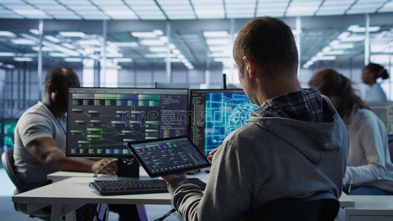 System Administrator In Data Center Solving Tasks On Tablet Stock Image Image Of Tasks