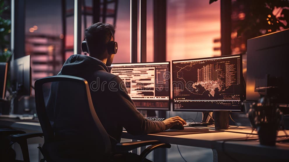 System Administrator Hacker Computer Scientist Gamer At His Workplace In The Office Stock
