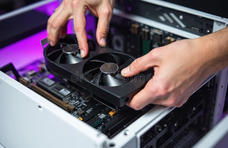 System Administrator Installs Graphics Card PC. Technician Assembles ...