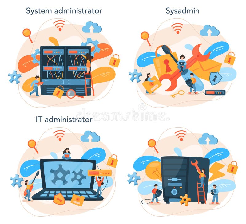 System Administrator Set. People Working on Computer and Doing Stock ...