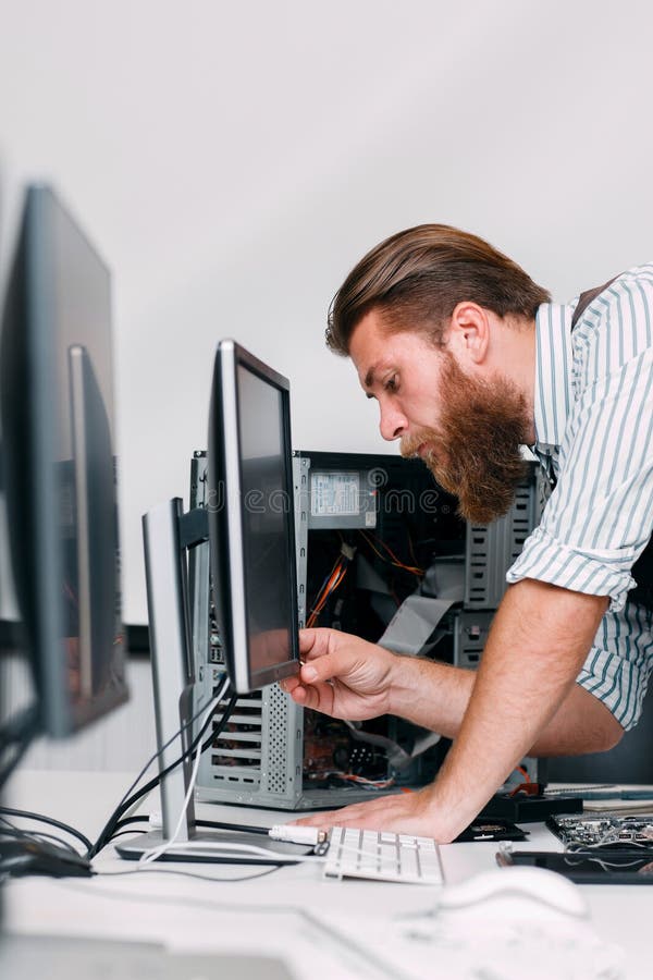 System Administrator Turn on Computer Monitor Stock Photo - Image of ...