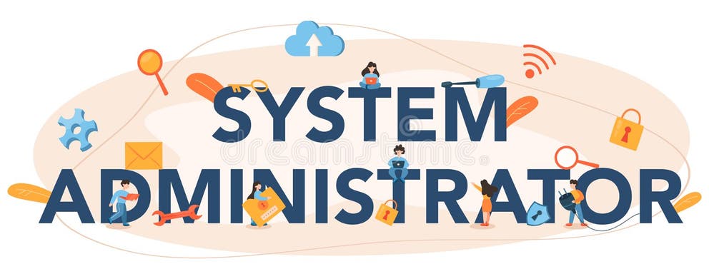 System Administrator Typographic Header. People Working on Computer ...