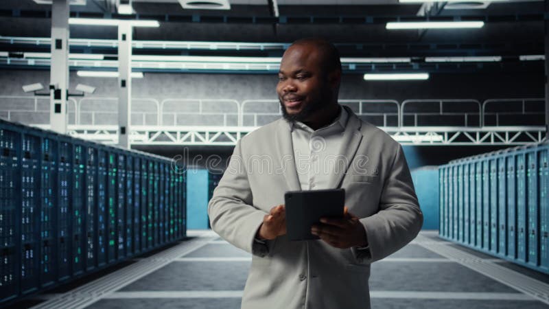 System Administrator Walking in Server Farm Deploying Infrastructure Stock Video - Video of ...