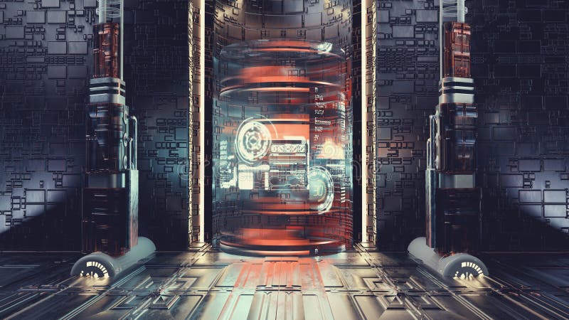 System Background, Futuristic Room with Screen Displaying Data and Neon ...