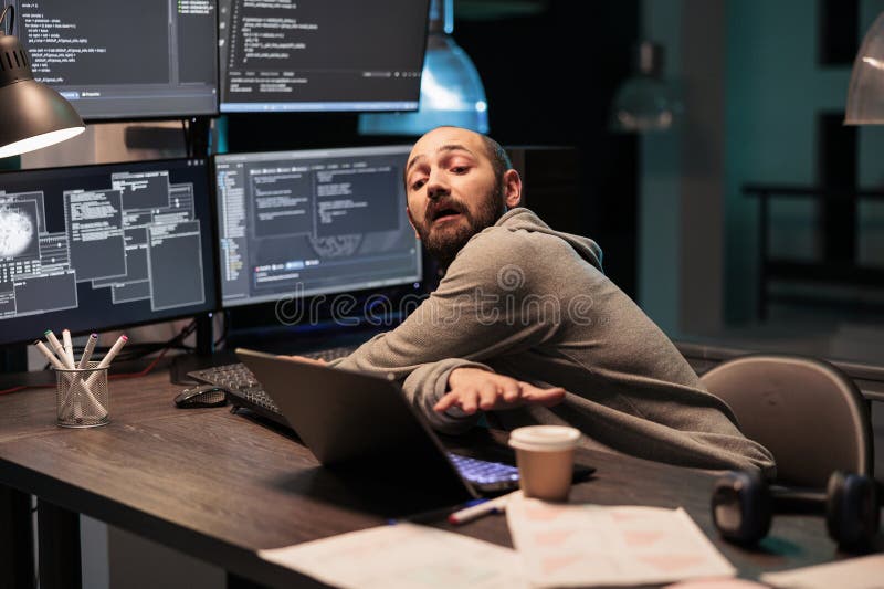 It System Engineer Coding Database On Multiple Monitors Stock Image Image Of Digital Code