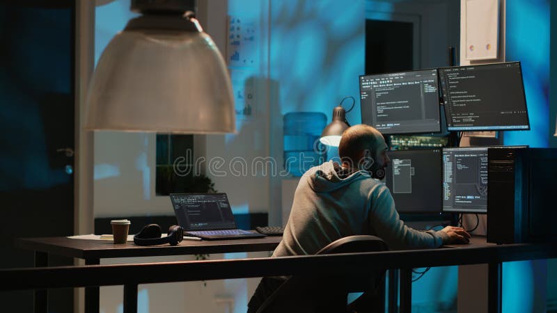 It System Engineer Coding Interface On Multiple Monitors Stock Image Image Of Interface 8003
