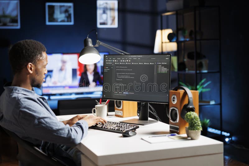 System Engineer Typing In Script Code For Security And Protection Stock Image Image Of