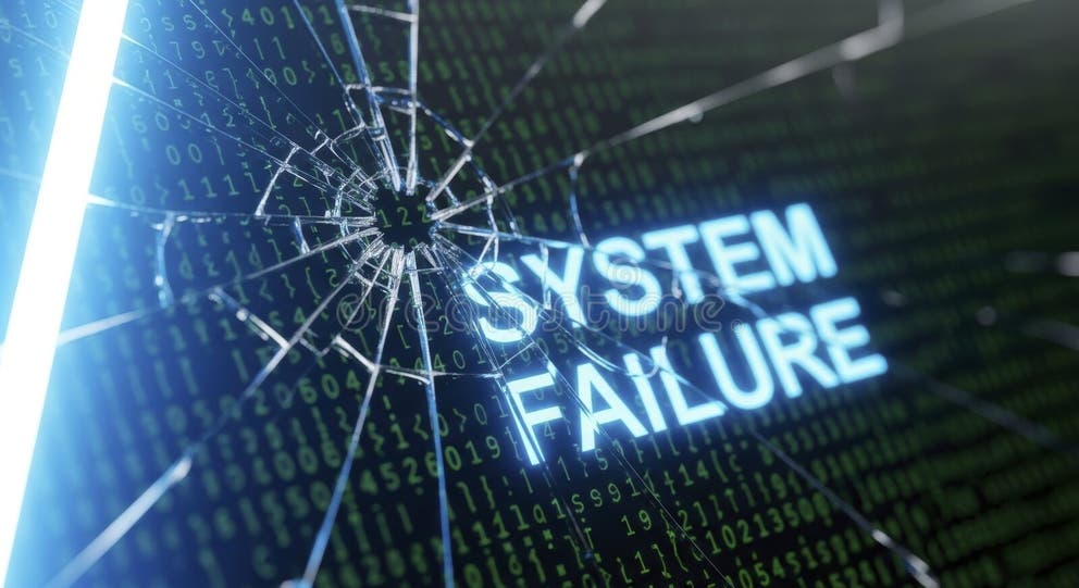 System Failure Message on Shattered Digital Screen with Binary Code and ...