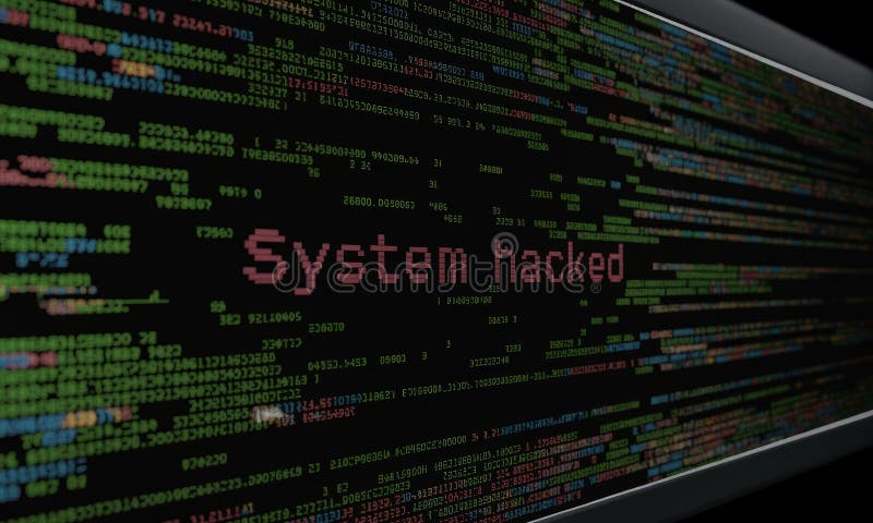 System Hacked Message on a Computer Screen with Rapidly Scrolling Digital Code Stock ...
