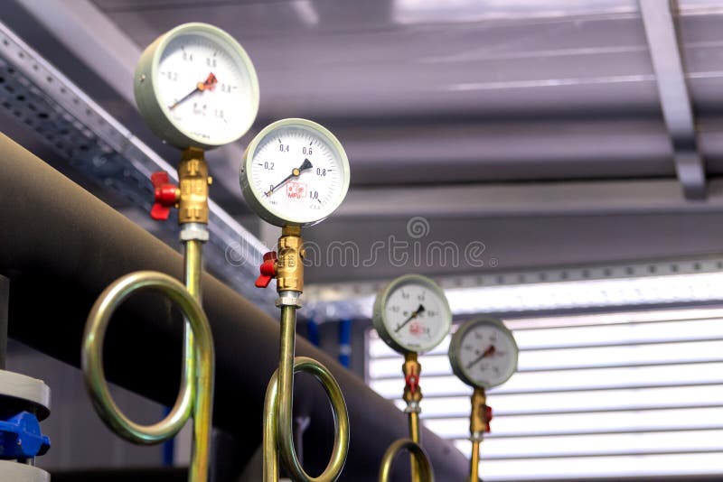 System of Hot Water Pipes with Manometer in Boiler Room Stock Photo ...