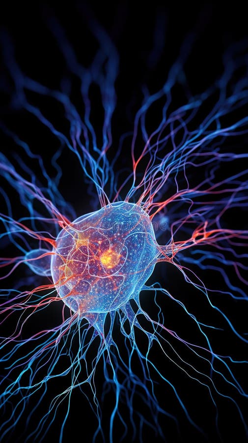 System of Neurons with Glowing Connections on Black. Background with ...