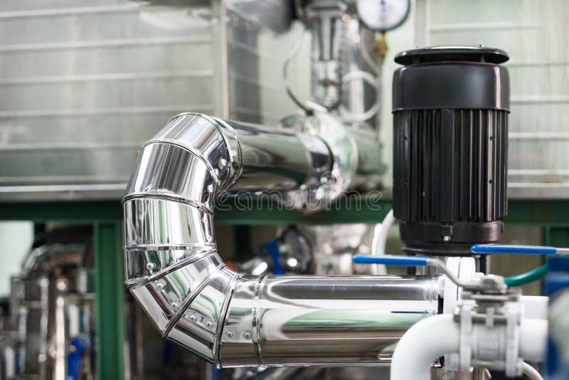 The System of Pipelines from Stainless Steel with Ball Valves. Stock ...