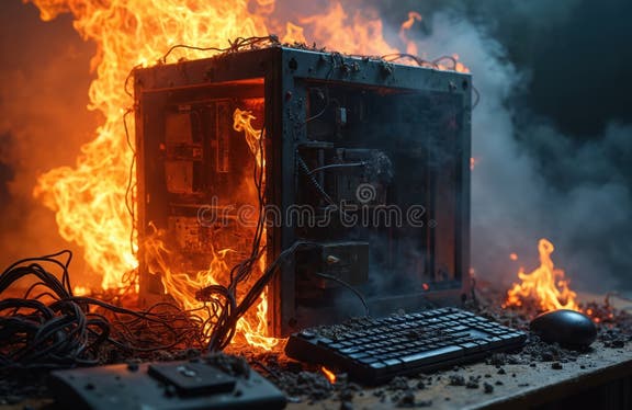 System Unit on Fire. Personal Computer Destroyed by Flames. Workplace ...