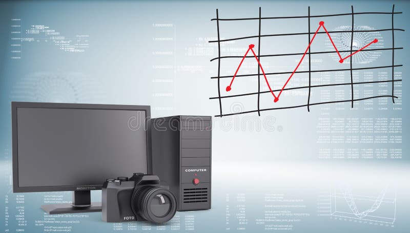 System Unit, Monitor, Camera and Graph of Price Stock Illustration ...