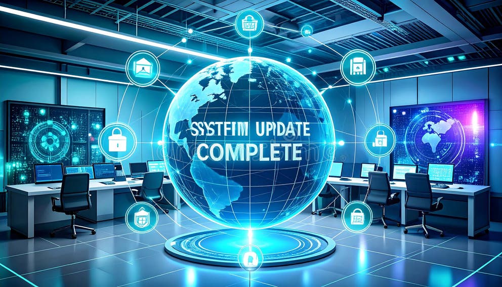 System Update Complete Action in Modern Office Environment with Global ...