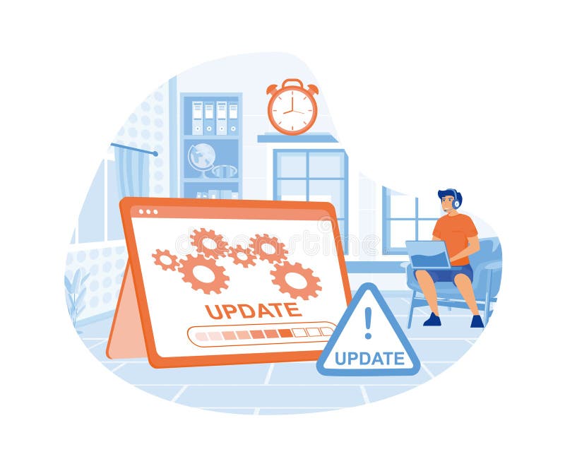 System Update. the Programmer Behind the Computer Screen Stock Vector ...