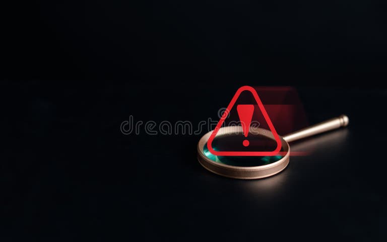 System Warning Caution Sign Inside Magnifier for Notification Error and ...