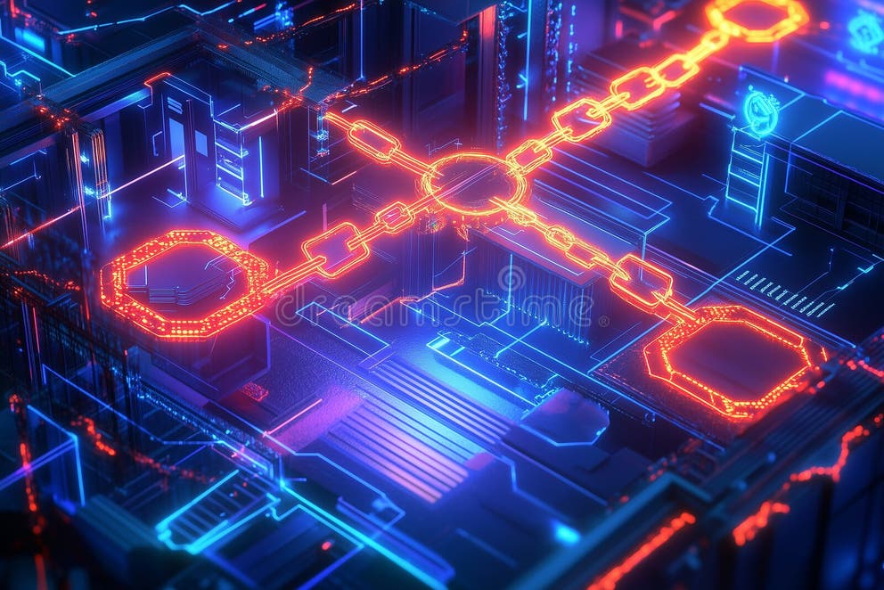 Systems Architect Showcases a Detailed Blockchain Based Network Model with Vibrant Circuitry and ...