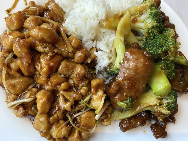 Szechuan Chicken and Beef with Broccoli with White Rice Stock Image ...