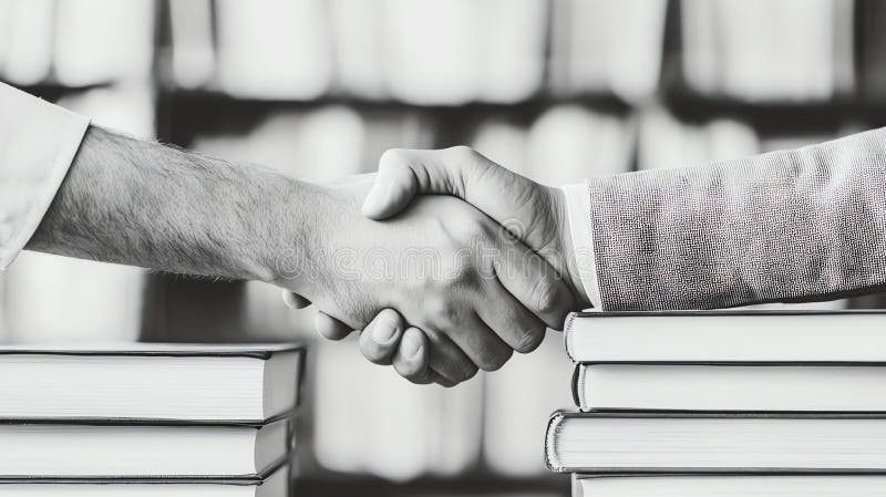 Two Individuals Shake Hands Over Stacks of Books. the Handshake ...