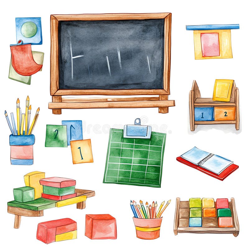 Watercolor Illustrations of Classroom Objects Include a Chalkboard ...