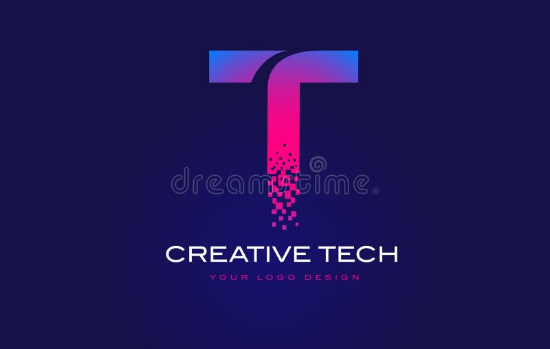 T Initial Letter Logo Design with Digital Pixels in Blue Purple Stock ...