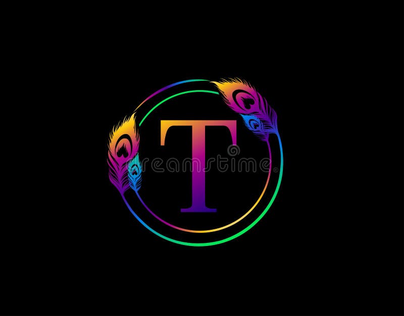 T Letter Decorated with Exotic Peacock Feather. Circle Badge with ...