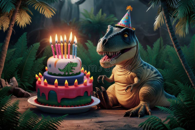 A T-rex with a Birthday Hat Sitting Next To a Cake, AI Stock Photo ...