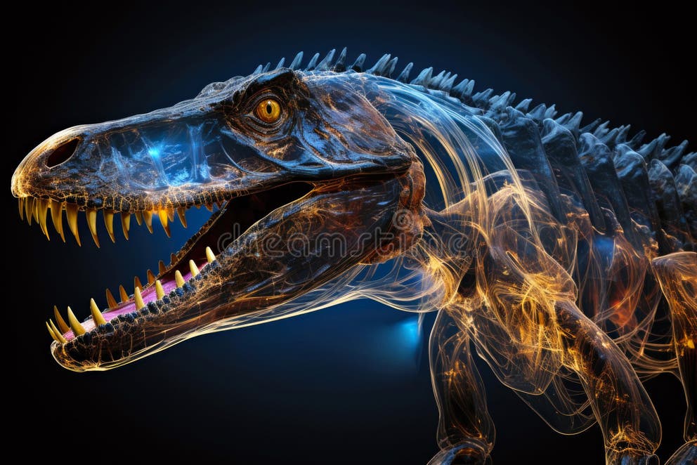 A T - Rex with Its Mouth Open and Glowing Teeth, Celestial Outline ...