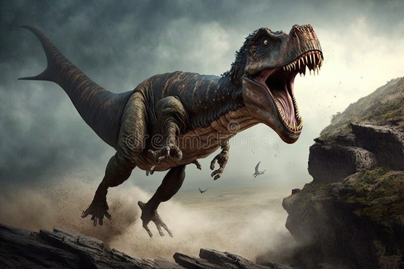 T-rex Leaping Over Cliff, Its Powerful Legs Propelling it Forward Stock ...