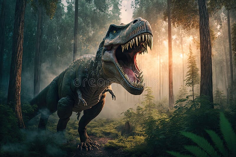 T-rex Roaring in the Midst of Forest, Its Powerful Jaws Open Stock ...