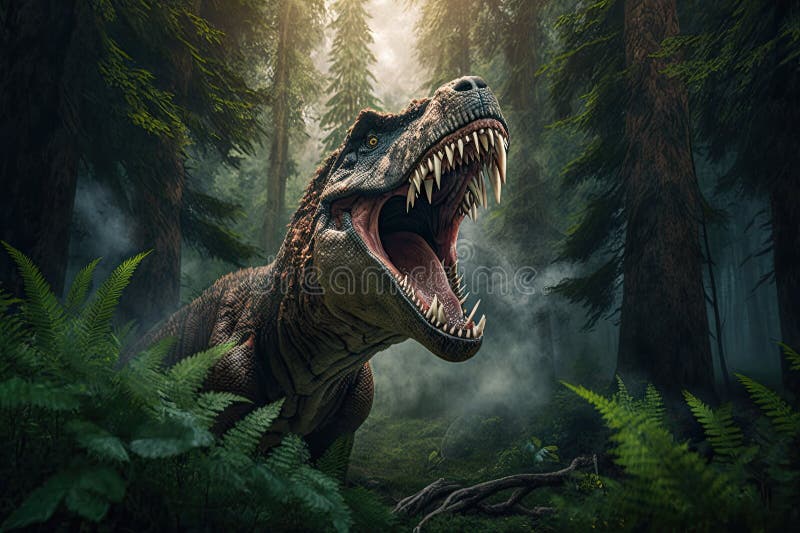 T-rex Roaring in the Midst of Forest, Its Powerful Jaws Open Stock ...