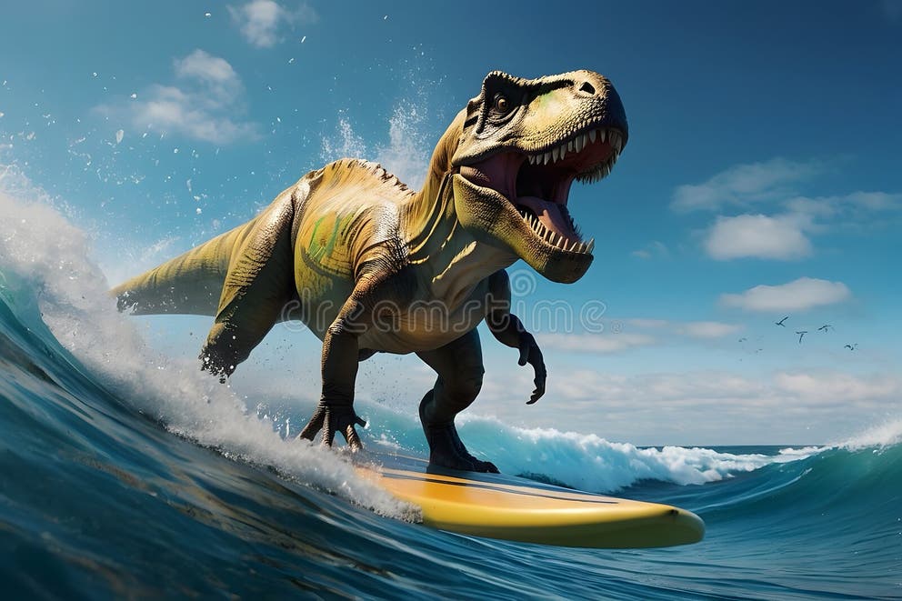 T-rex surfing with a board stock photo. Image of minimal - 323582486