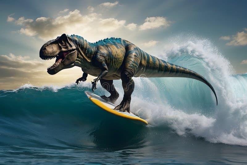 T-rex surfing with a board stock photo. Image of summer - 323582504