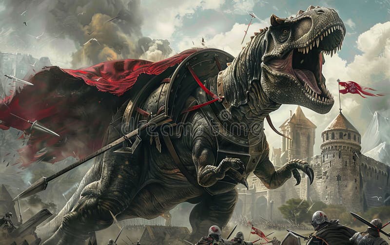 A TRex Warrior Clad in Medieval Armor Roaring on a Battlefield with ...