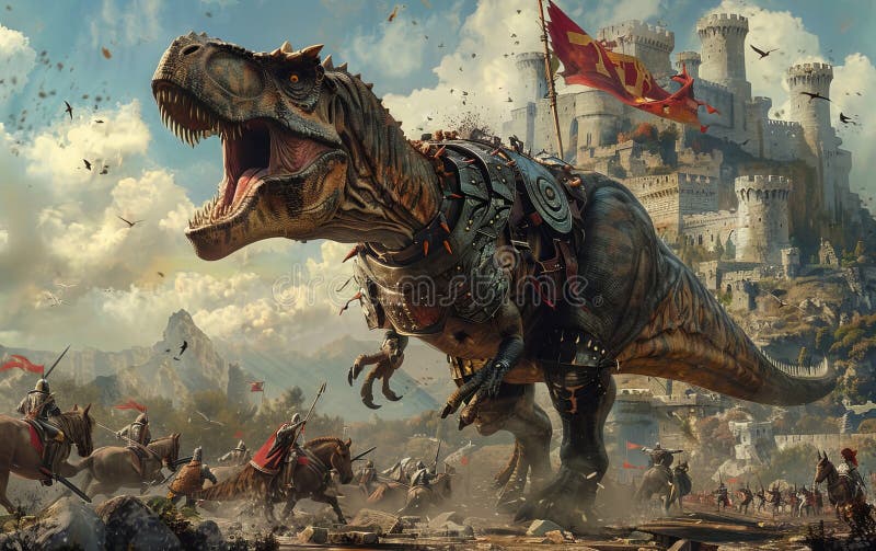 A TRex Warrior Clad in Medieval Armor Roaring on a Battlefield with ...