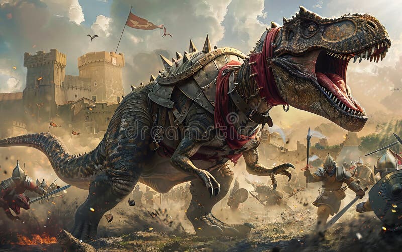 A TRex Warrior Clad in Medieval Armor Roaring on a Battlefield with ...