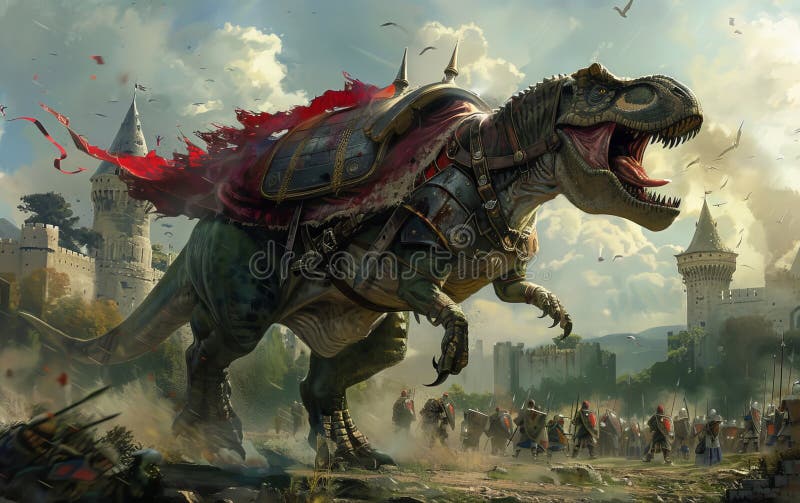 A TRex Warrior Clad in Medieval Armor Roaring on a Battlefield with ...
