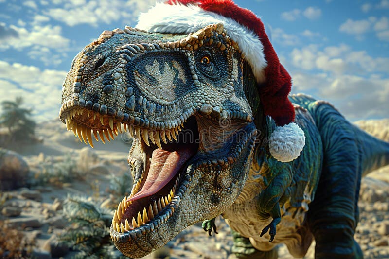 A T Rex Wearing a Santa Hat and is Open, with His Mouth Open Stock ...
