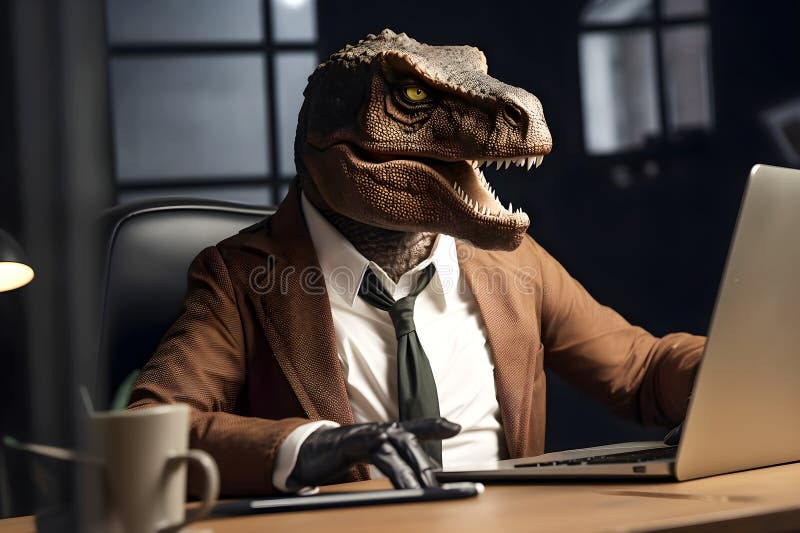 A T-rex Working at His Laptop in an Office, Ai Generative Illustration ...