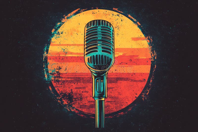 T-shirt Design, Cartoon Style of a Microphone in a Sunset Retro Circle ...