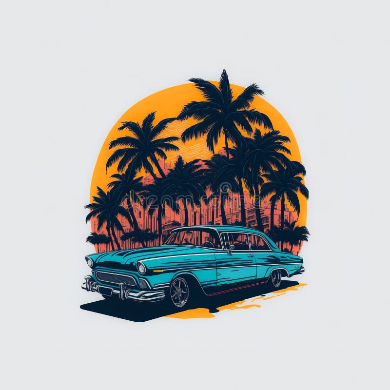 T-shirt Design Old Car on Sunset with Palm Trees Stock Vector ...