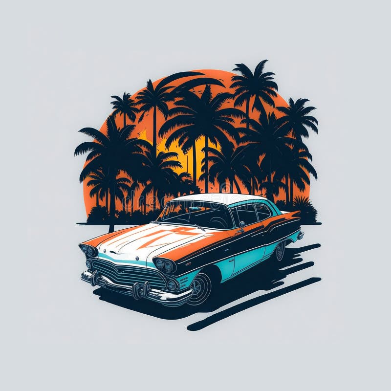 T-shirt Design Old Retro Car on Sunset with Palm Trees Stock Vector ...