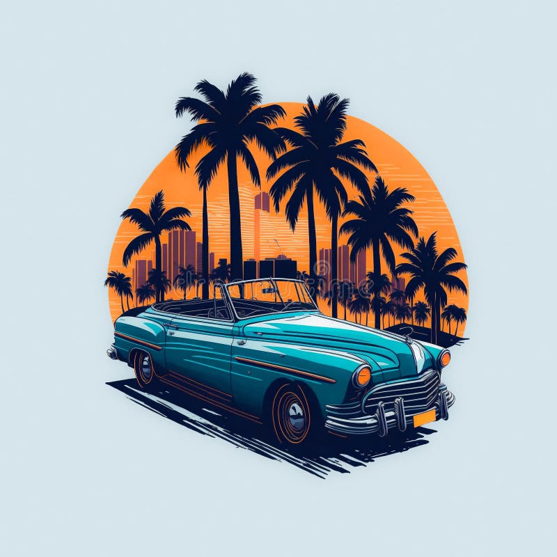 T-shirt Design Retro Car on Sunset with Palm Trees Stock Vector ...