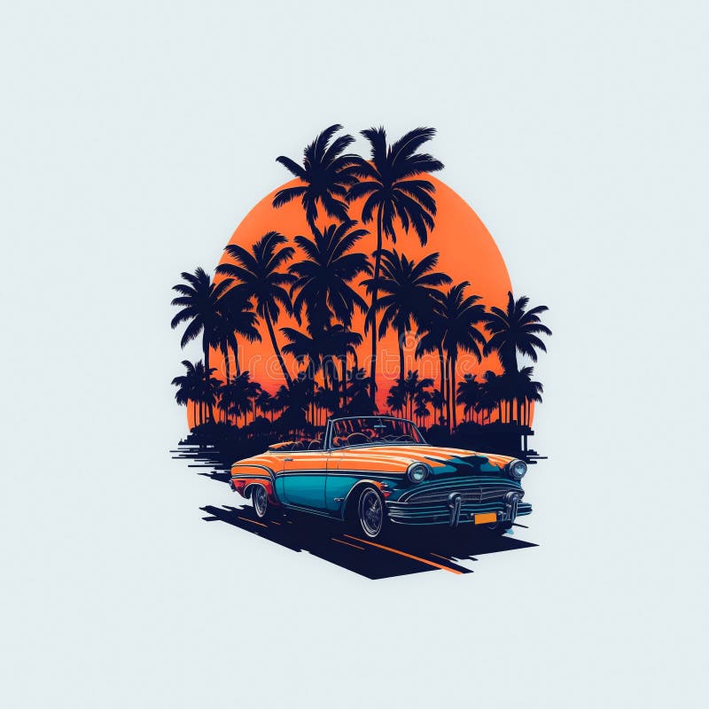 T-shirt Design Old Retro Car on Sunset with Palm Trees Stock Vector ...