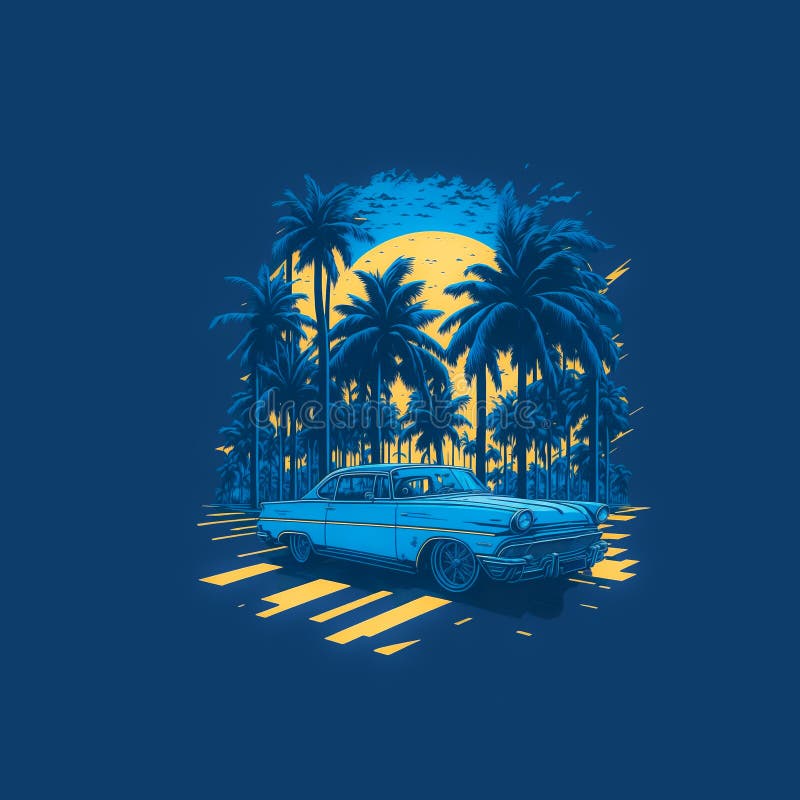 T-shirt Design Old Retro Car on Sunset with Palm Trees Stock Vector ...