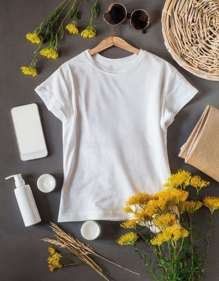 T-shirt Mockup Boho Style Flat Lay, Shirt Template Stock Illustration ...