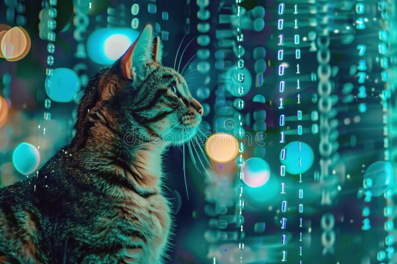 Tabby Cat Amidst Flowing Digital Data Streams in a Vibrant Cyber ...