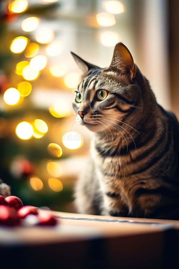 Tabby Cat on the Background of Festive Christmas Decorations and Lights ...